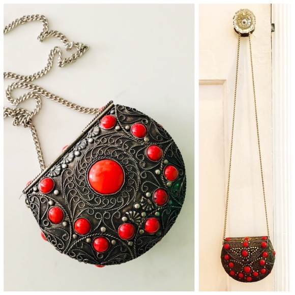 Vintage | Bags | Vintage Vtg Antique Metal Sajai Mini Purse Red Stones ...